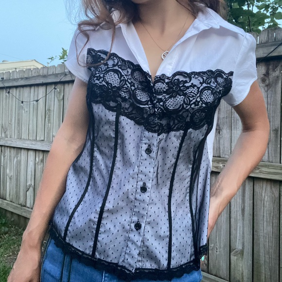 NY Collection | Tops | Black Lace White Button Up | Poshmark